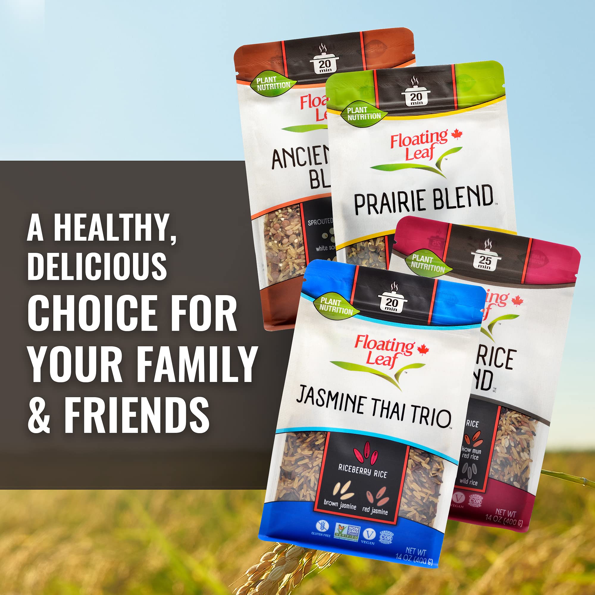 4 Packs x 14 ounces Rice Variety Pack Includes Jasmine Thai Rice Trio, Wild Rice Blend, Prairie Blend and Ancient Field Blend, Non Gluten, Non-Gmo, Kosher and Vegan - Floating Leaf
