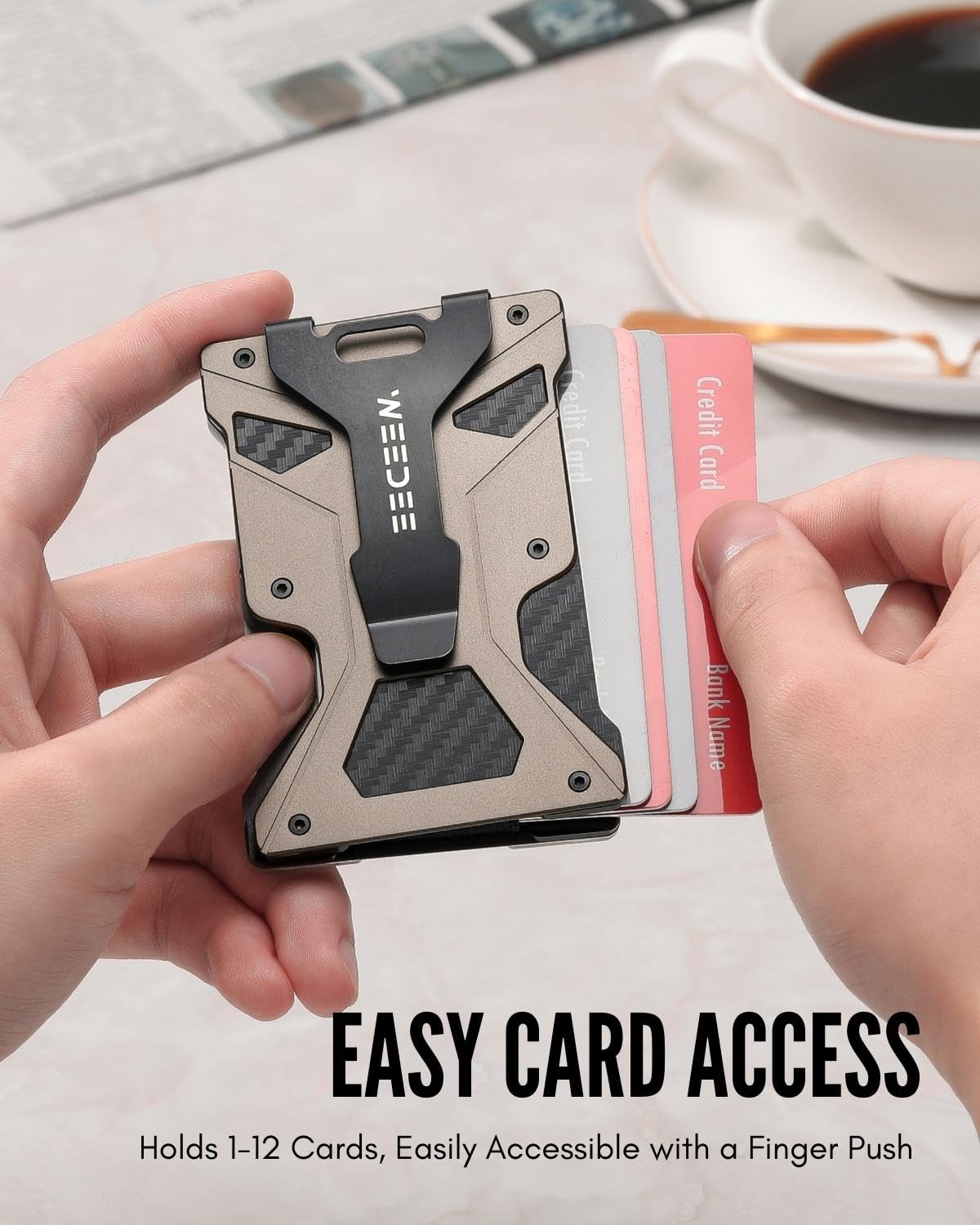 WeeDee Minimalist Slim Wallet for Men - Carbon Fiber Tactical Wallets with Clear ID Badge Holder RFID Blocking - EDC Aluminum Metal Wallet Credit Card Holder with Money Clip