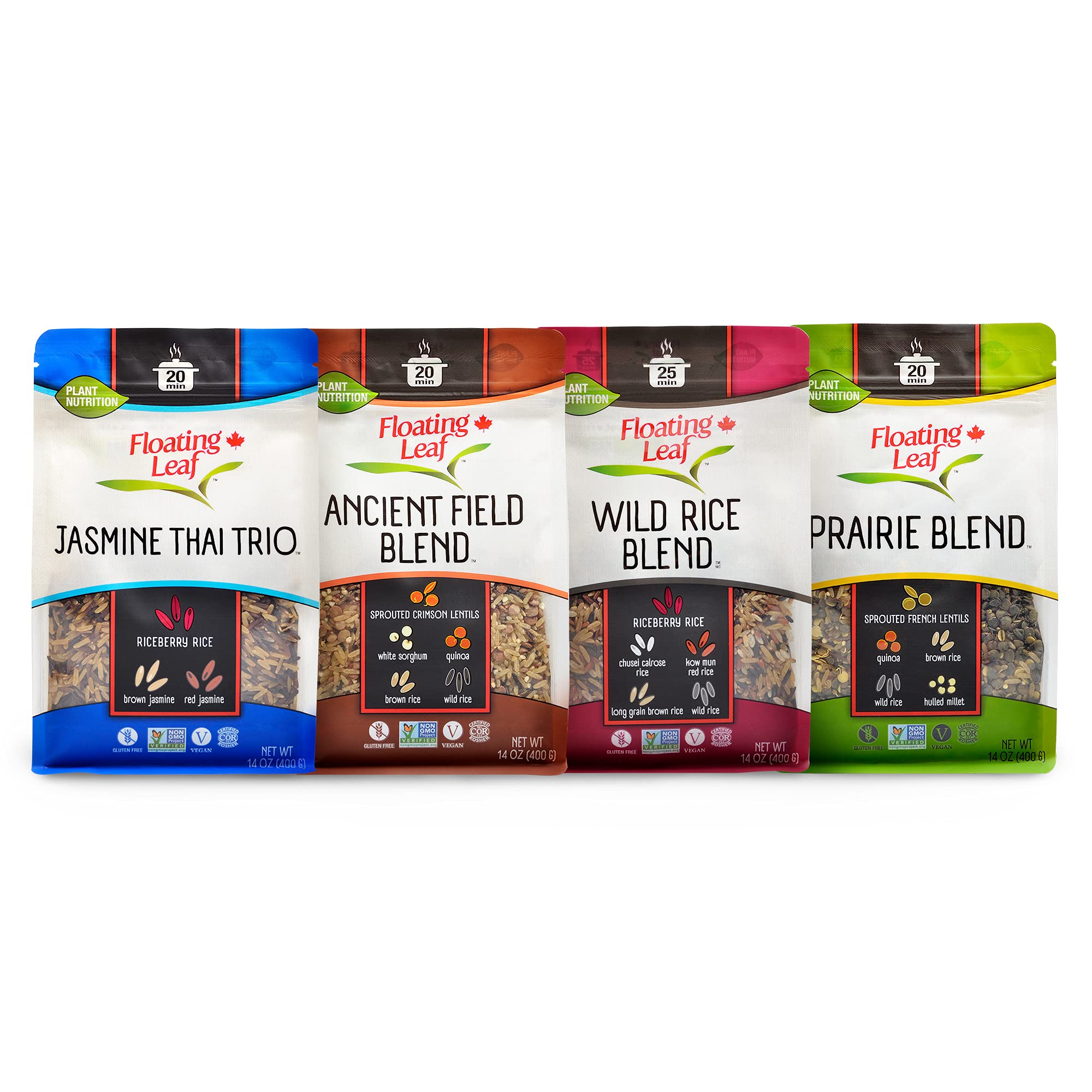 4 Packs x 14 ounces Rice Variety Pack Includes Jasmine Thai Rice Trio, Wild Rice Blend, Prairie Blend and Ancient Field Blend, Non Gluten, Non-Gmo, Kosher and Vegan - Floating Leaf