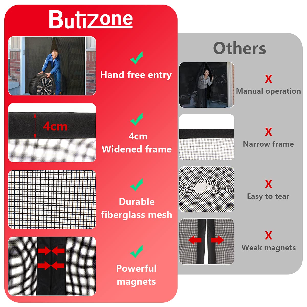Garage Door Screen for 2 Car Garage Doors, Butizone 16x7FT Reinforced Fiberglass Magnetic Single Garage Screen Door with High Energy Magnets, Hands Free and Easy Assembly