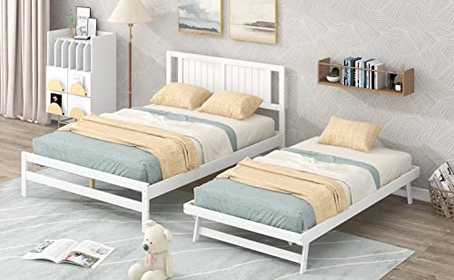 Morhome Full Size Platform Bed with Adjustable Trundle, Wooden Bed Frame with Headboard for Kids Teens Adults