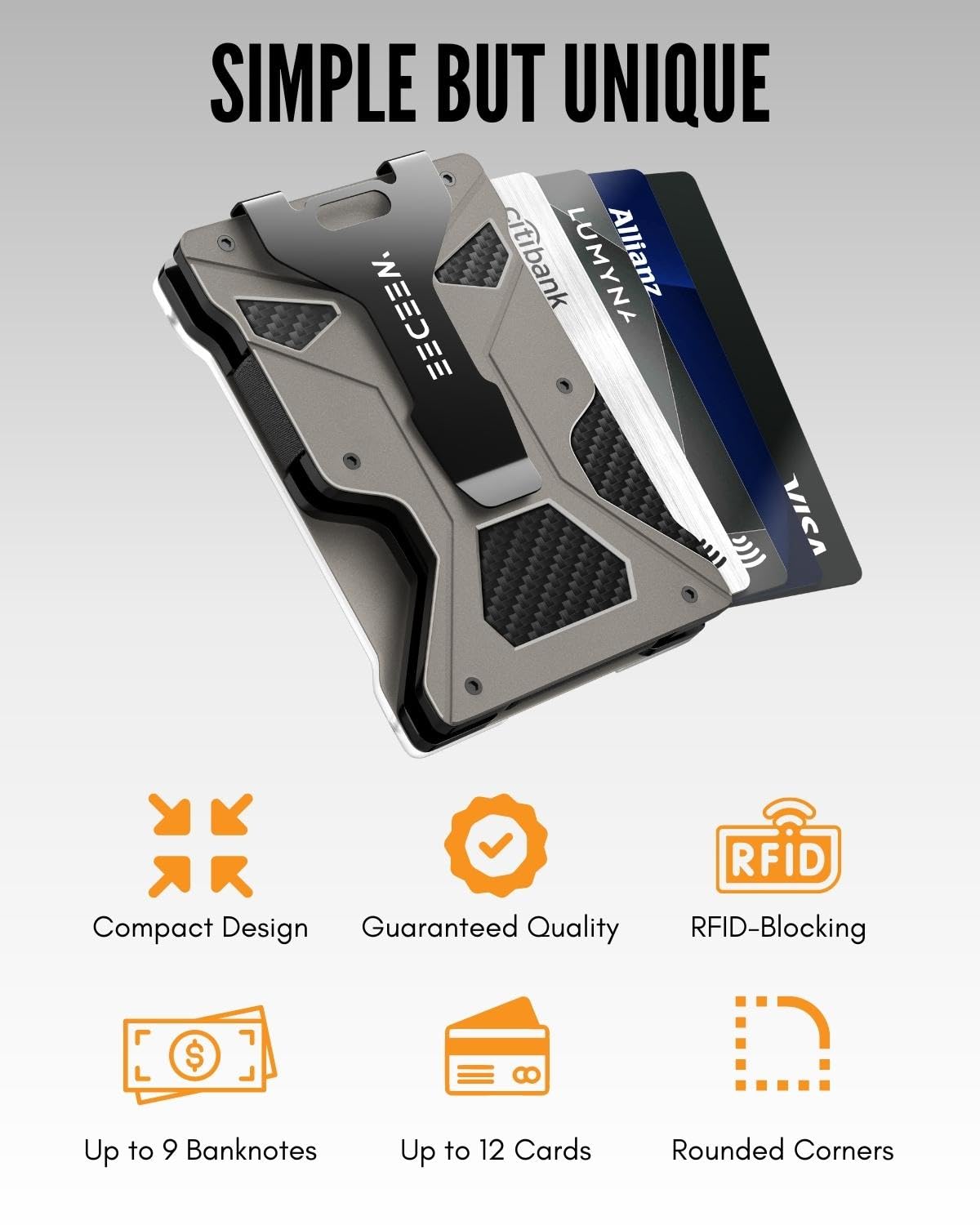 WeeDee Minimalist Slim Wallet for Men - Carbon Fiber Tactical Wallets with Clear ID Badge Holder RFID Blocking - EDC Aluminum Metal Wallet Credit Card Holder with Money Clip