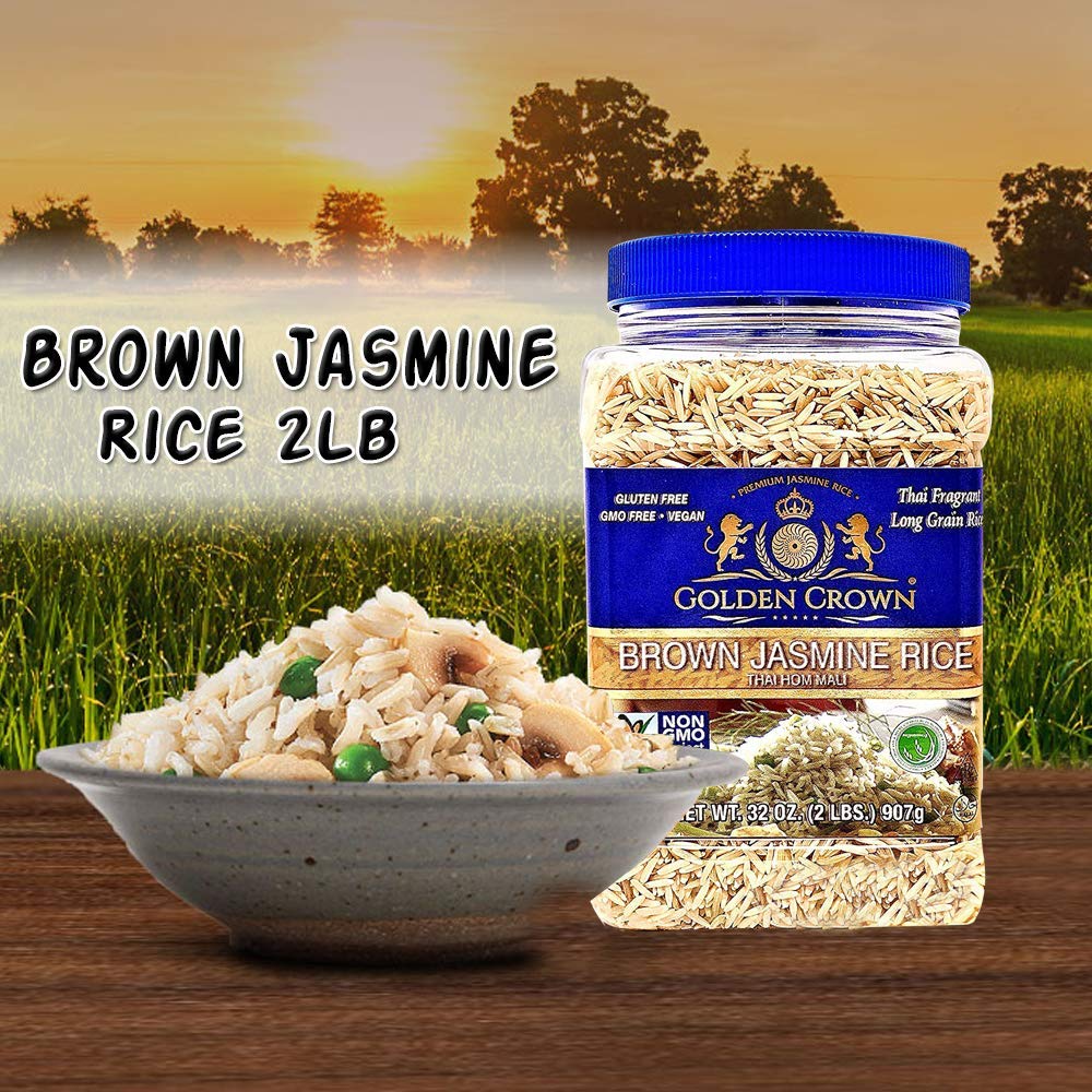 Golden Brown Jasmine Rice - Naturally Sourced Thai Fragrant Long Grain Gluten Free GMO free Vegan Kosher Halal Rice - 32OZ (2Lb)