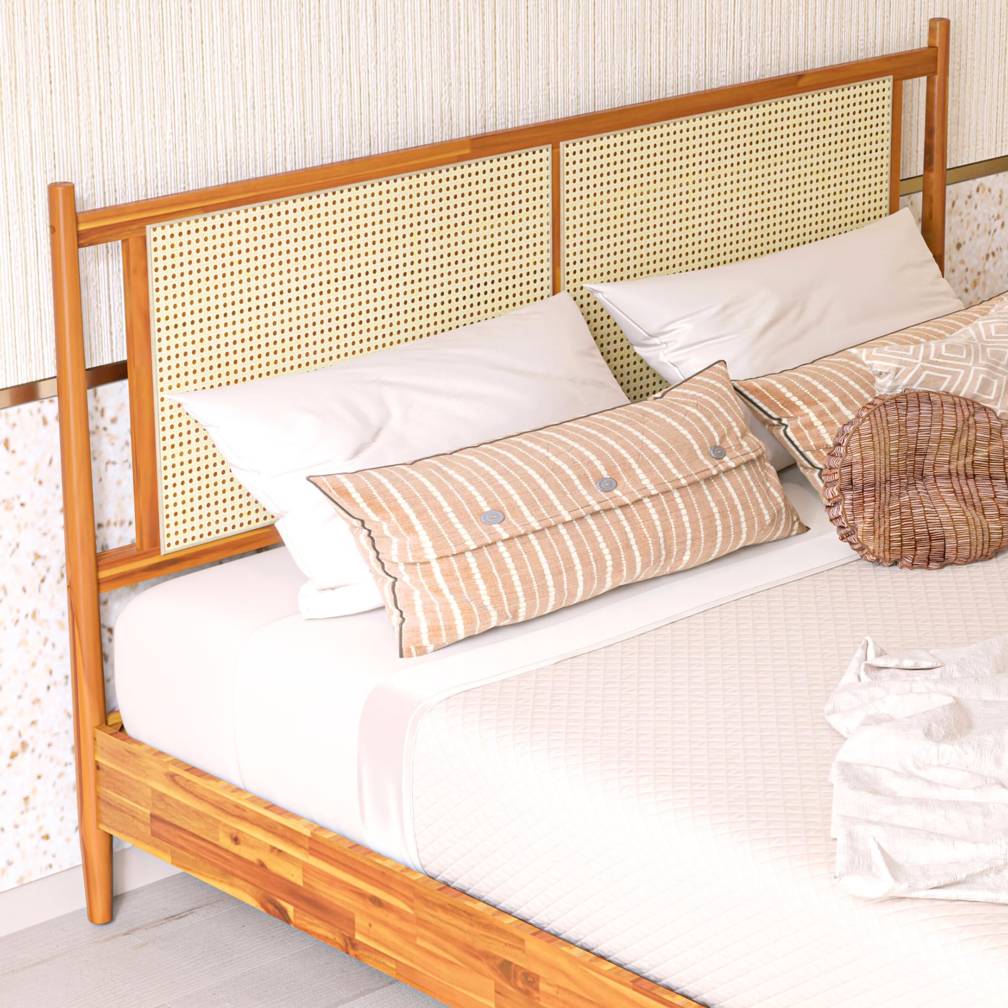 Bme Oliver King Bed Frame and Headboard - 15-Inch Signature Design with Rattan Headboard, Bohemian and Mid Century Style, 12-Slat Wood Support, No Box Spring Needed - Easy Assembly, Caramel