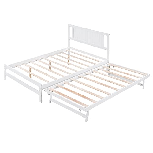 Morhome Full Size Platform Bed with Adjustable Trundle, Wooden Bed Frame with Headboard for Kids Teens Adults