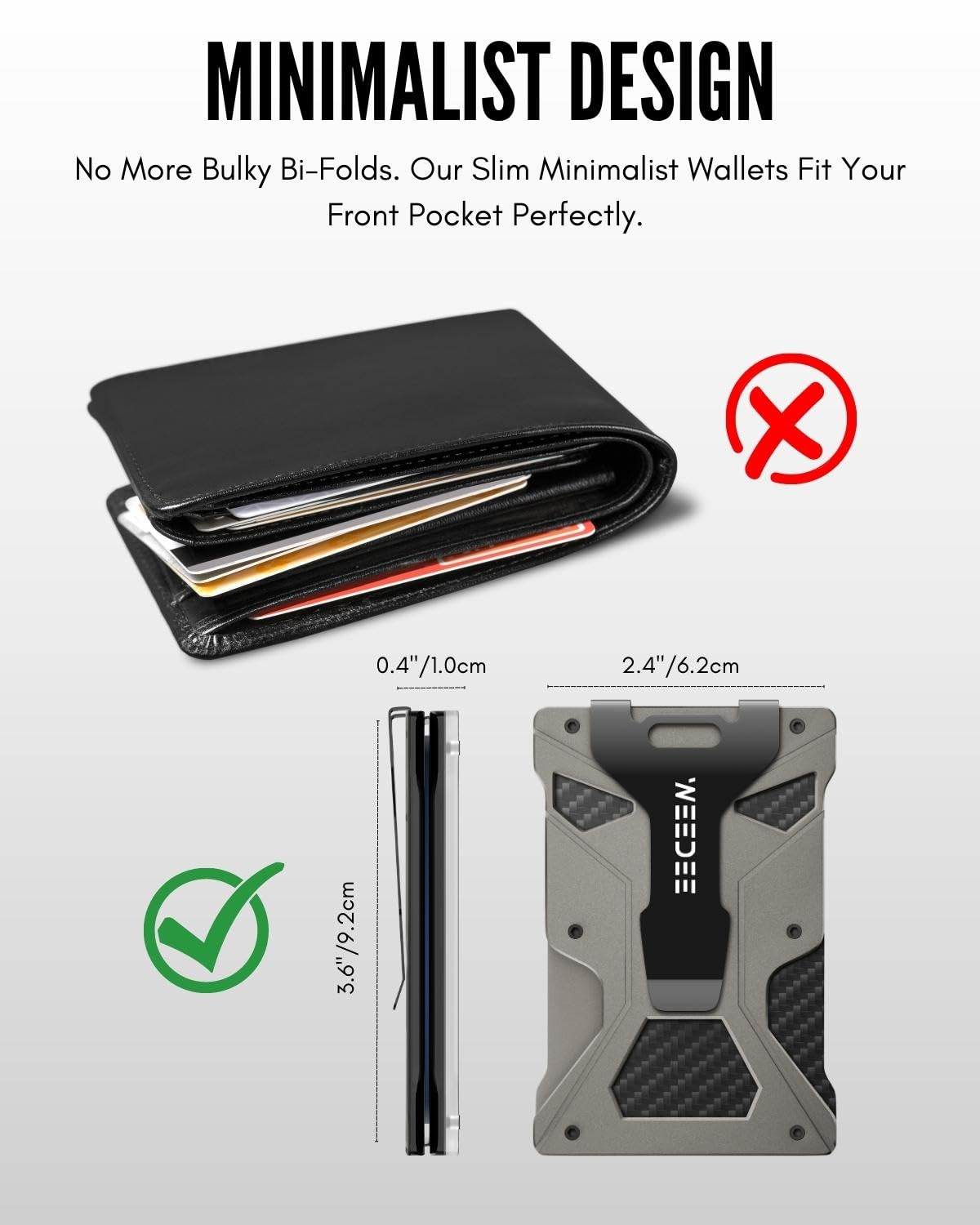 WeeDee Minimalist Slim Wallet for Men - Carbon Fiber Tactical Wallets with Clear ID Badge Holder RFID Blocking - EDC Aluminum Metal Wallet Credit Card Holder with Money Clip