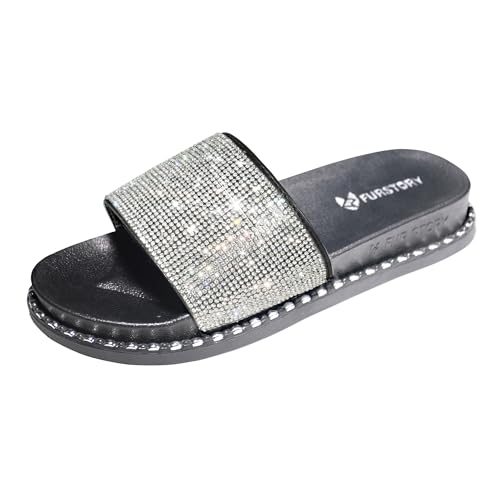 Fur Story Womens Slides House Slippers Rhinestone Glitter Slides Cozy Bedroom Slippers Shower Shoes Cute Slippers for Women Platform Sandals