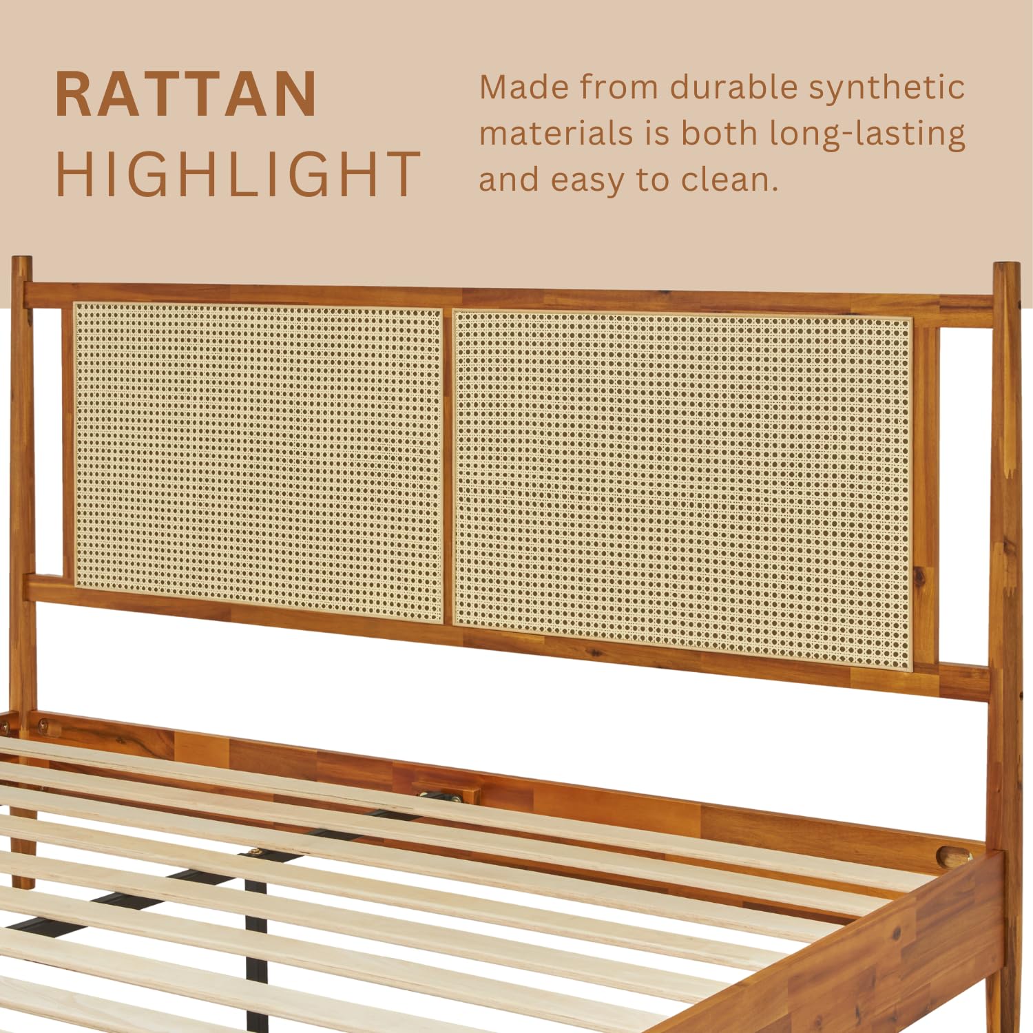 Bme Oliver King Bed Frame and Headboard - 15-Inch Signature Design with Rattan Headboard, Bohemian and Mid Century Style, 12-Slat Wood Support, No Box Spring Needed - Easy Assembly, Caramel