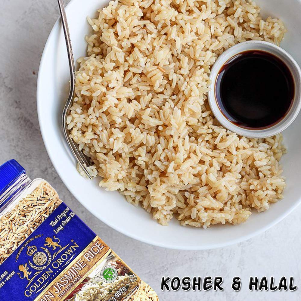 Golden Brown Jasmine Rice - Naturally Sourced Thai Fragrant Long Grain Gluten Free GMO free Vegan Kosher Halal Rice - 32OZ (2Lb)
