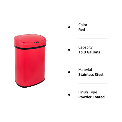 Vnewone Kitchen Trash Can Garbage 13 Gallon Waste Bin for Home Office Bedroom Stainless Steel Automatic Touch Free High-Capacity, 50 Liter (Red)