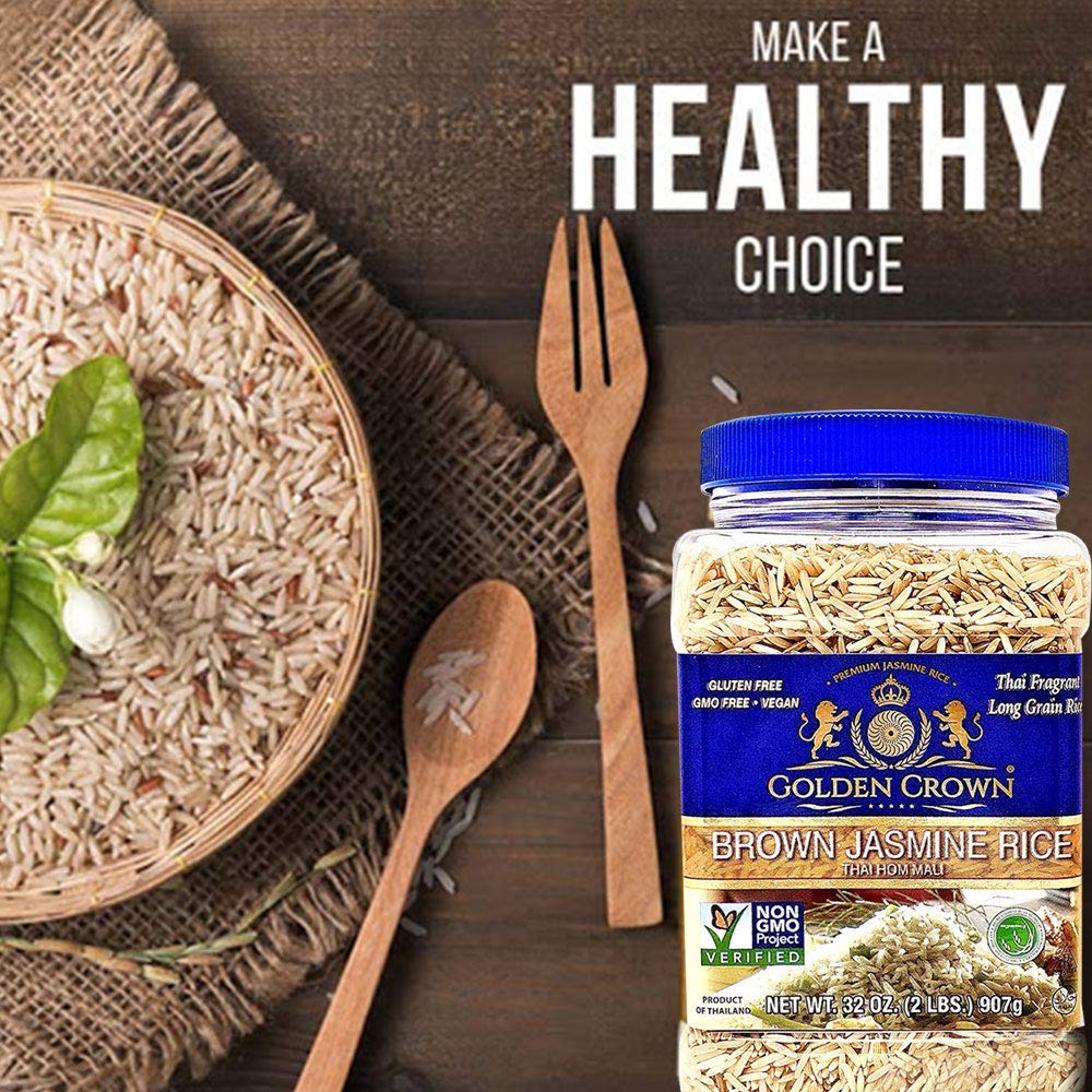 Golden Brown Jasmine Rice - Naturally Sourced Thai Fragrant Long Grain Gluten Free GMO free Vegan Kosher Halal Rice - 32OZ (2Lb)