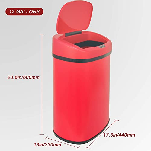 Vnewone Kitchen Trash Can Garbage 13 Gallon Waste Bin for Home Office Bedroom Stainless Steel Automatic Touch Free High-Capacity, 50 Liter (Red)