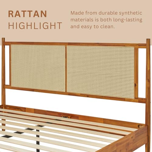 Bme Oliver King Bed Frame and Headboard - 15-Inch Signature Design with Rattan Headboard, Bohemian and Mid Century Style, 12-Slat Wood Support, No Box Spring Needed - Easy Assembly, Caramel