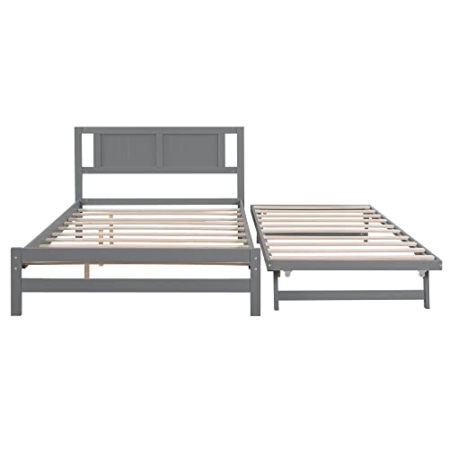 Goohome Full Size Platform Bed with Adjustable Trundle, Wooden Full Bed Frame with Headboard, Sturdy Slat Support, No Box Spring Needed