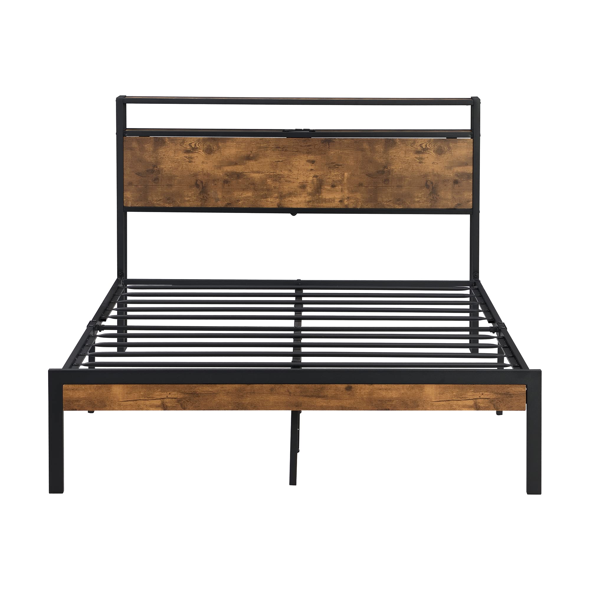 Fidktuveㅤ King Size Metal Platform Bed Frame with Wooden Headboard and Footboard, USB Port, Storage, Easy Assembly - No Box Spring Needed (Black)