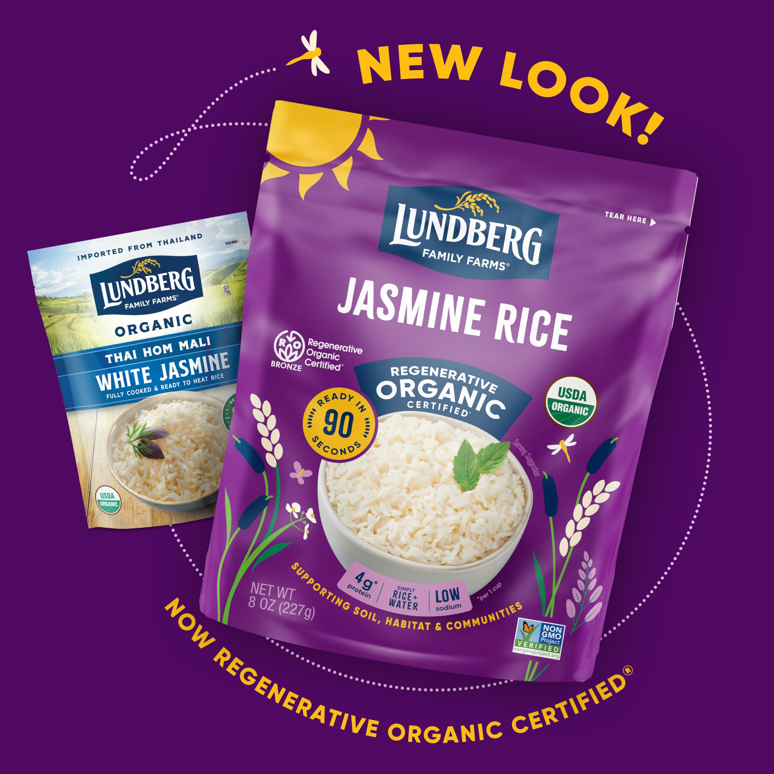 Lundberg Jasmine Rice, Microwave or Stovetop, 6-Pack – Long-Grain, Fluffy & Aromatic, Ready in 90 Seconds, Regenerative Organic Certified, 8 Oz Ea