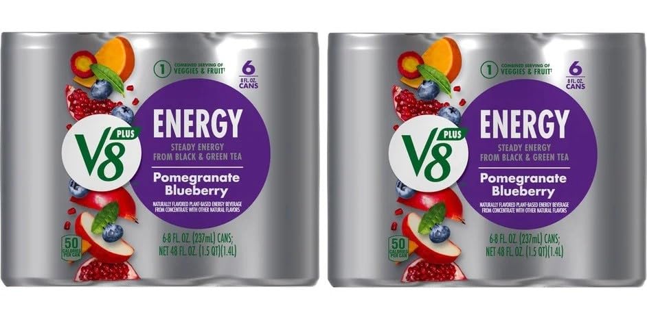 V8 +ENERGY Pomegranate Blueberry Energy Drink, Made With Real Vegetable And Fruit Juices, 8 Ounce Can (2 Packs of 6 Cans)