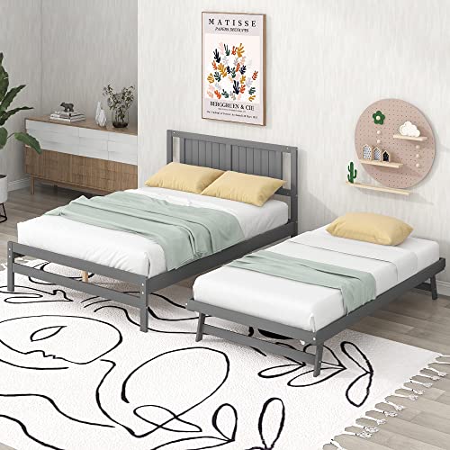 Goohome Full Size Platform Bed with Adjustable Trundle, Wooden Full Bed Frame with Headboard, Sturdy Slat Support, No Box Spring Needed