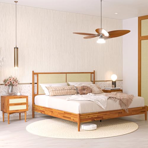 Bme Oliver King Bed Frame and Headboard - 15-Inch Signature Design with Rattan Headboard, Bohemian and Mid Century Style, 12-Slat Wood Support, No Box Spring Needed - Easy Assembly, Caramel