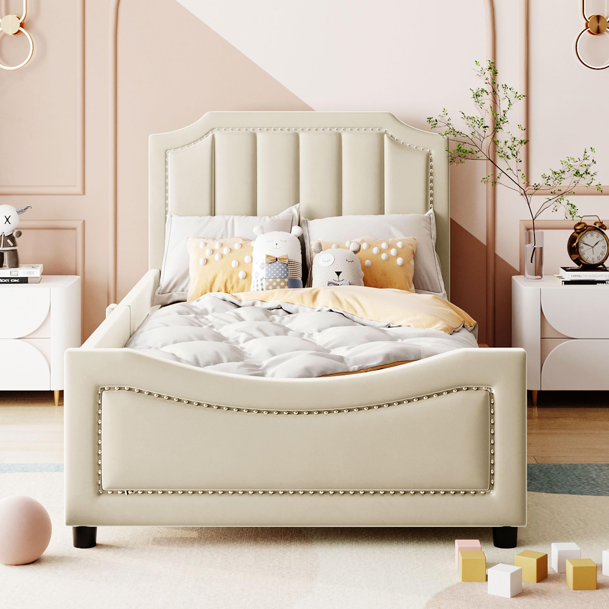GJHOME Twin Size Upholstered Daybed, Cute Velvet Leather Sofa Bed with Classic Stripe Shaped Headboard, Wooden Platform Bed Frame for Kids Teens Adults, No Box Spring Needed,Beige