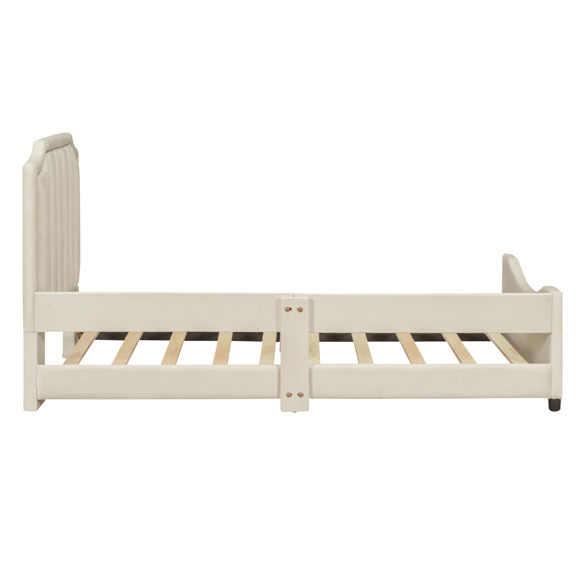 GJHOME Twin Size Upholstered Daybed, Cute Velvet Leather Sofa Bed with Classic Stripe Shaped Headboard, Wooden Platform Bed Frame for Kids Teens Adults, No Box Spring Needed,Beige