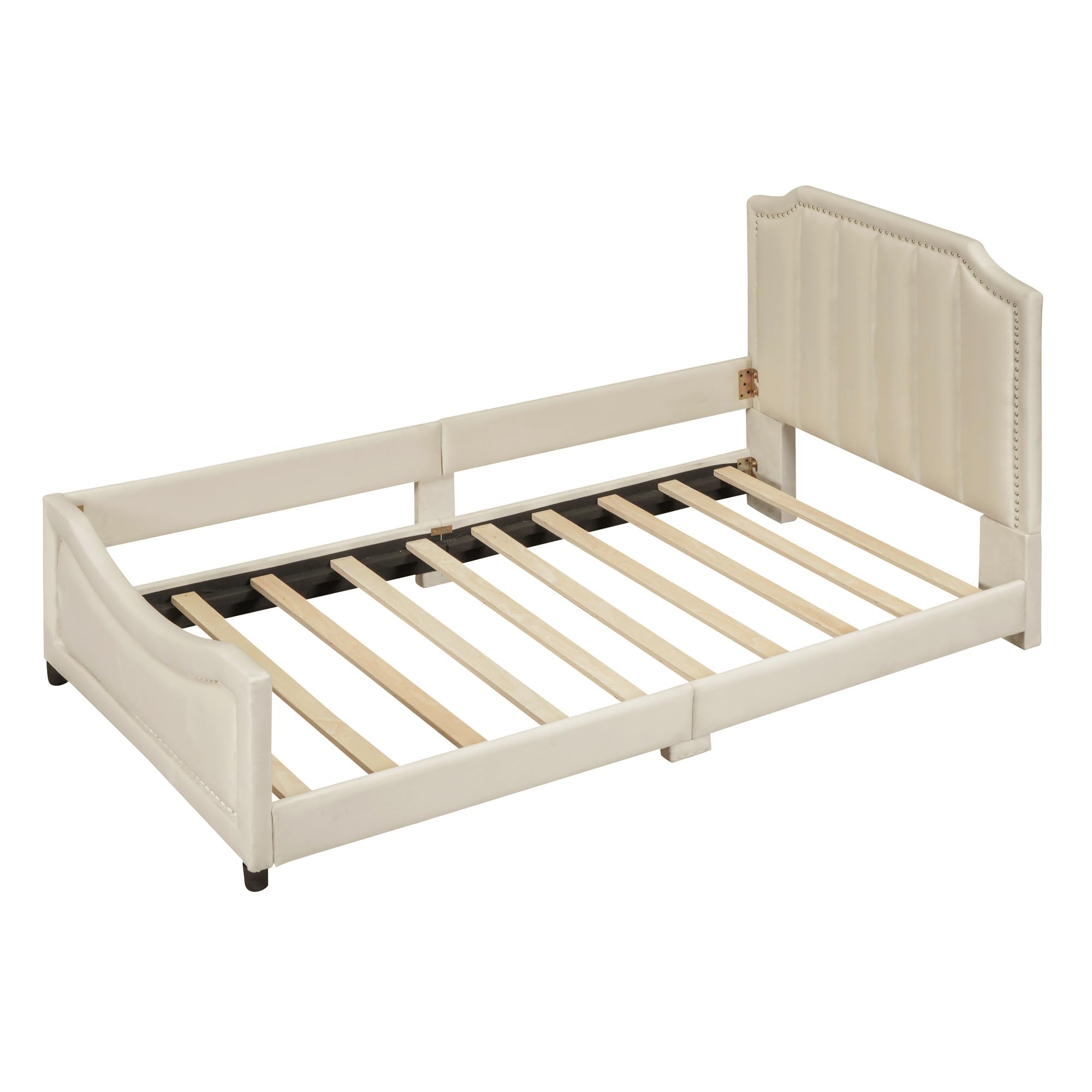 GJHOME Twin Size Upholstered Daybed, Cute Velvet Leather Sofa Bed with Classic Stripe Shaped Headboard, Wooden Platform Bed Frame for Kids Teens Adults, No Box Spring Needed,Beige