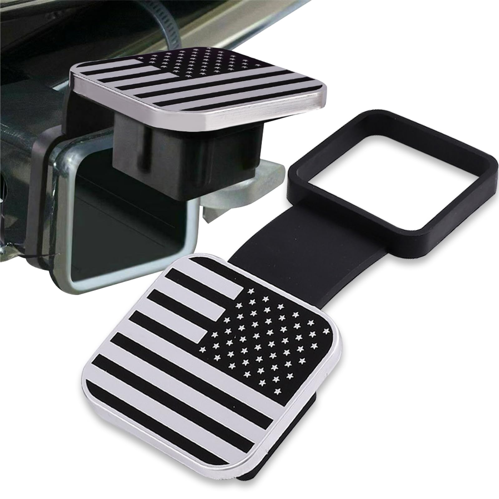 Jawmoy 1 PC Trailer Hitch Cover Tube Cover, Trailer Hitch Cover Tube Plug Insert, Receiver Tube Hitch Plug, Car Exterior Accessories, for RV, SUV, Cars (American Flag Silver)