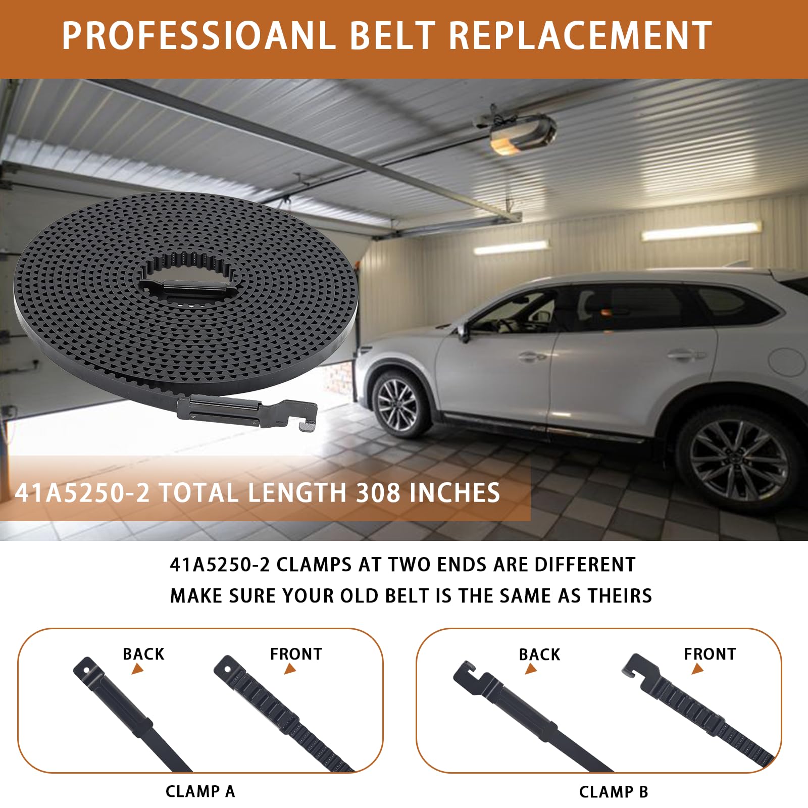 41A5250-2 Drive Belt for 10ft High Garage Doors,308'' Garage Door Openers Belt 041A5250-2,Replacement Belt Compatible with Liftmaster/Chamberlain Belt Drive Garage Door Opener
