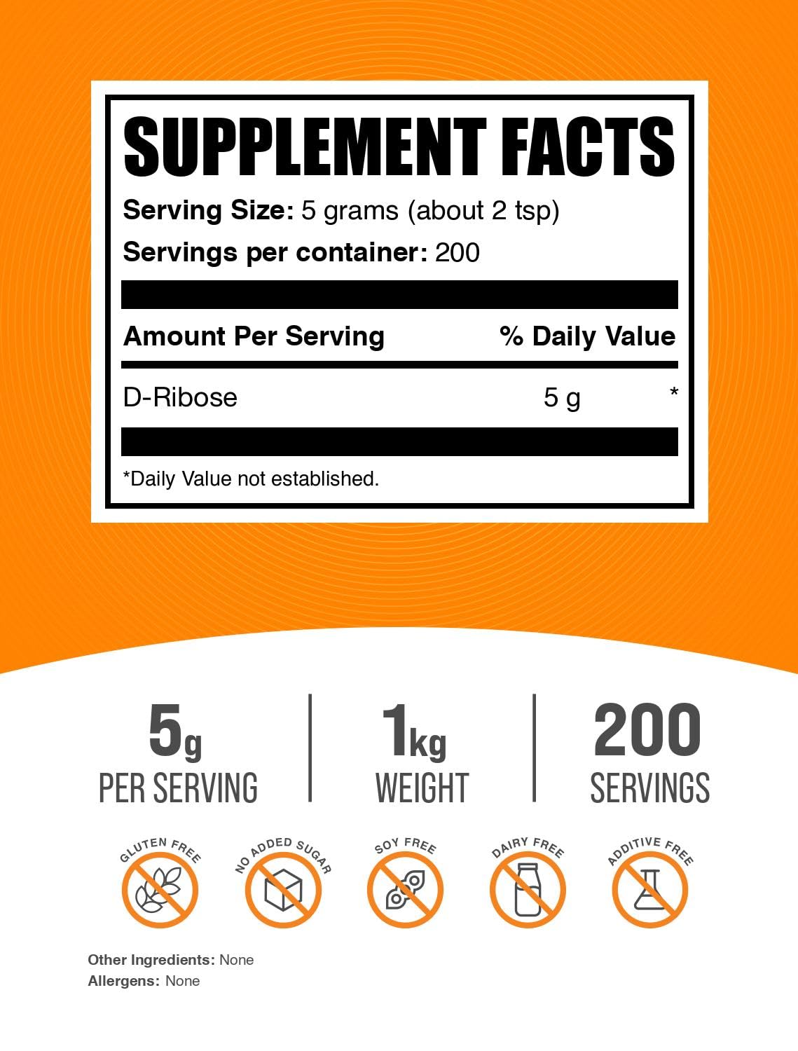 BulkSupplements.com D-Ribose Powder - D-Ribose Supplement, for Energy Support - Unflavored & Gluten Free, 5g per Serving, 1kg (2.2 lbs) (Pack of 1)
