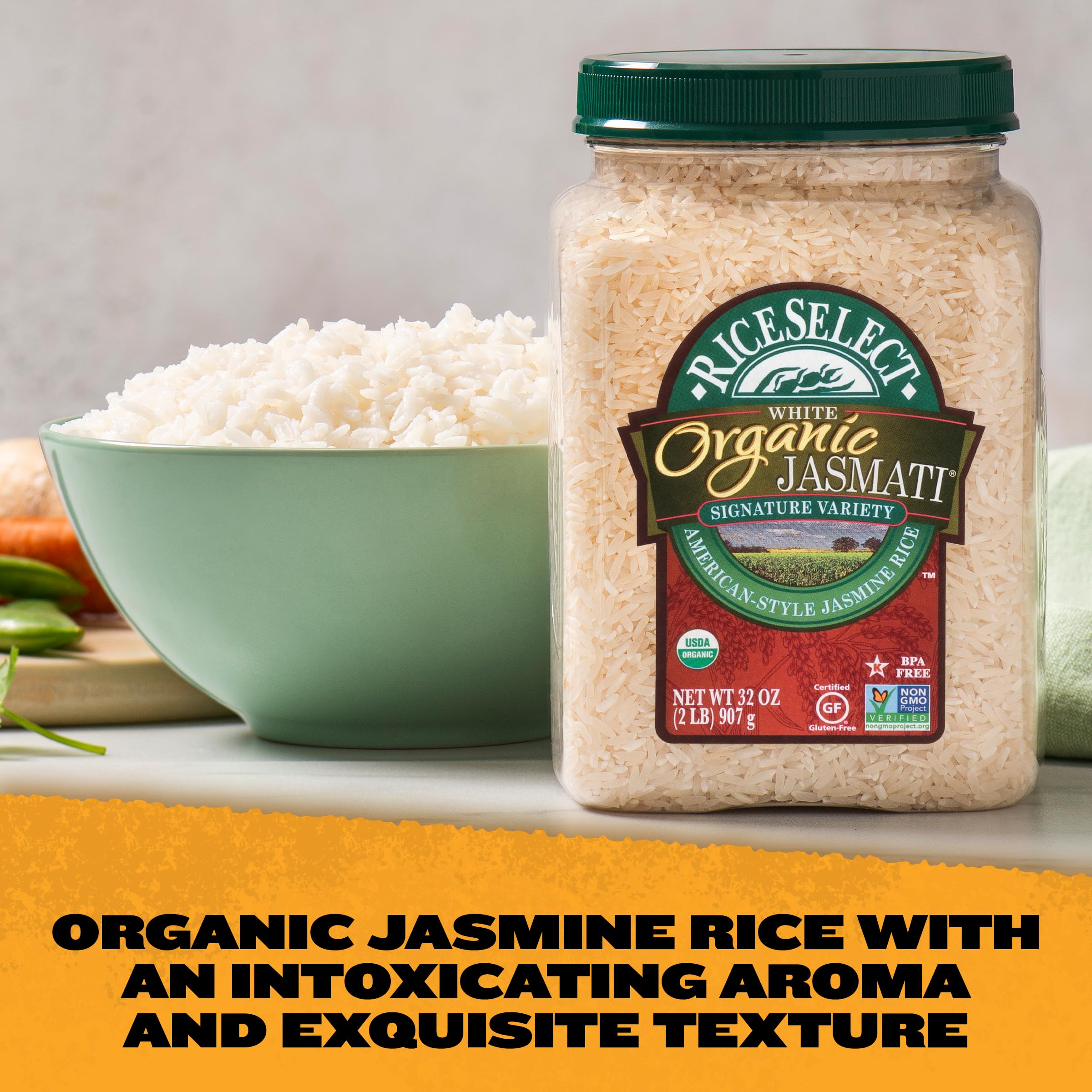 RiceSelect Organic Jasmati White Rice for Asian-Food-Inspired Recipes, Premium Non-GMO Gluten-Free Long-Grain Jasmine Rice, 32-Ounce Jar