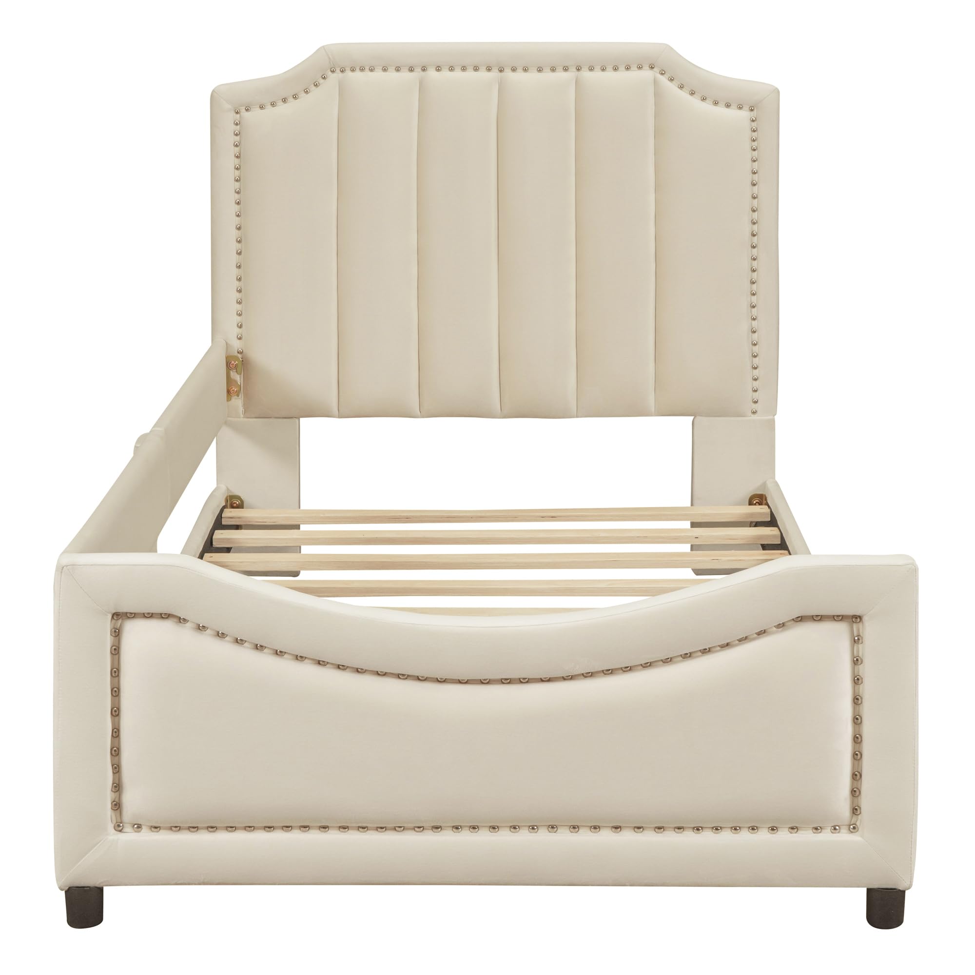 GJHOME Twin Size Upholstered Daybed, Cute Velvet Leather Sofa Bed with Classic Stripe Shaped Headboard, Wooden Platform Bed Frame for Kids Teens Adults, No Box Spring Needed,Beige