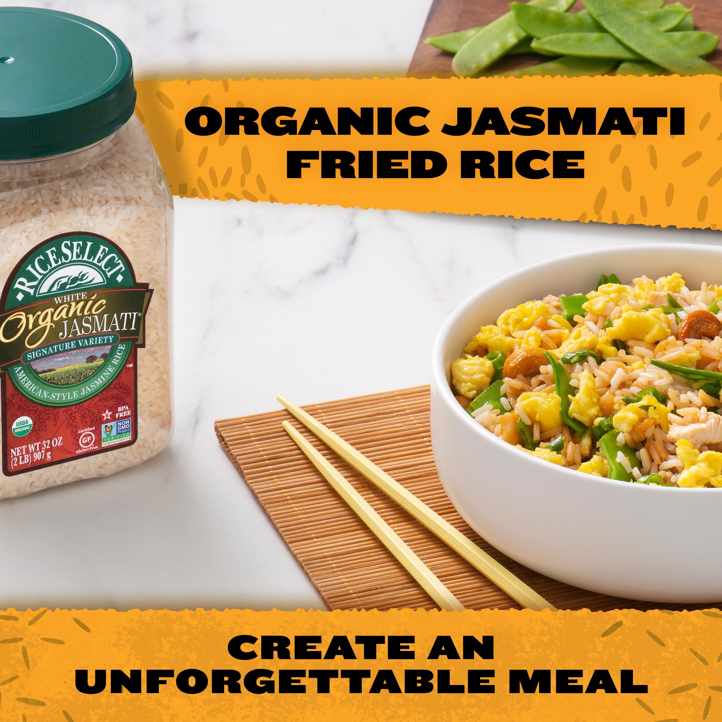 RiceSelect Organic Jasmati White Rice for Asian-Food-Inspired Recipes, Premium Non-GMO Gluten-Free Long-Grain Jasmine Rice, 32-Ounce Jar