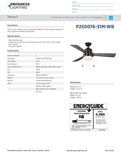 Progress Lighting P250076-31M-WB Trevina V 3-Blade Modern Indoor Ceiling Fan Matte Black with Light Kit and White Opal Shade