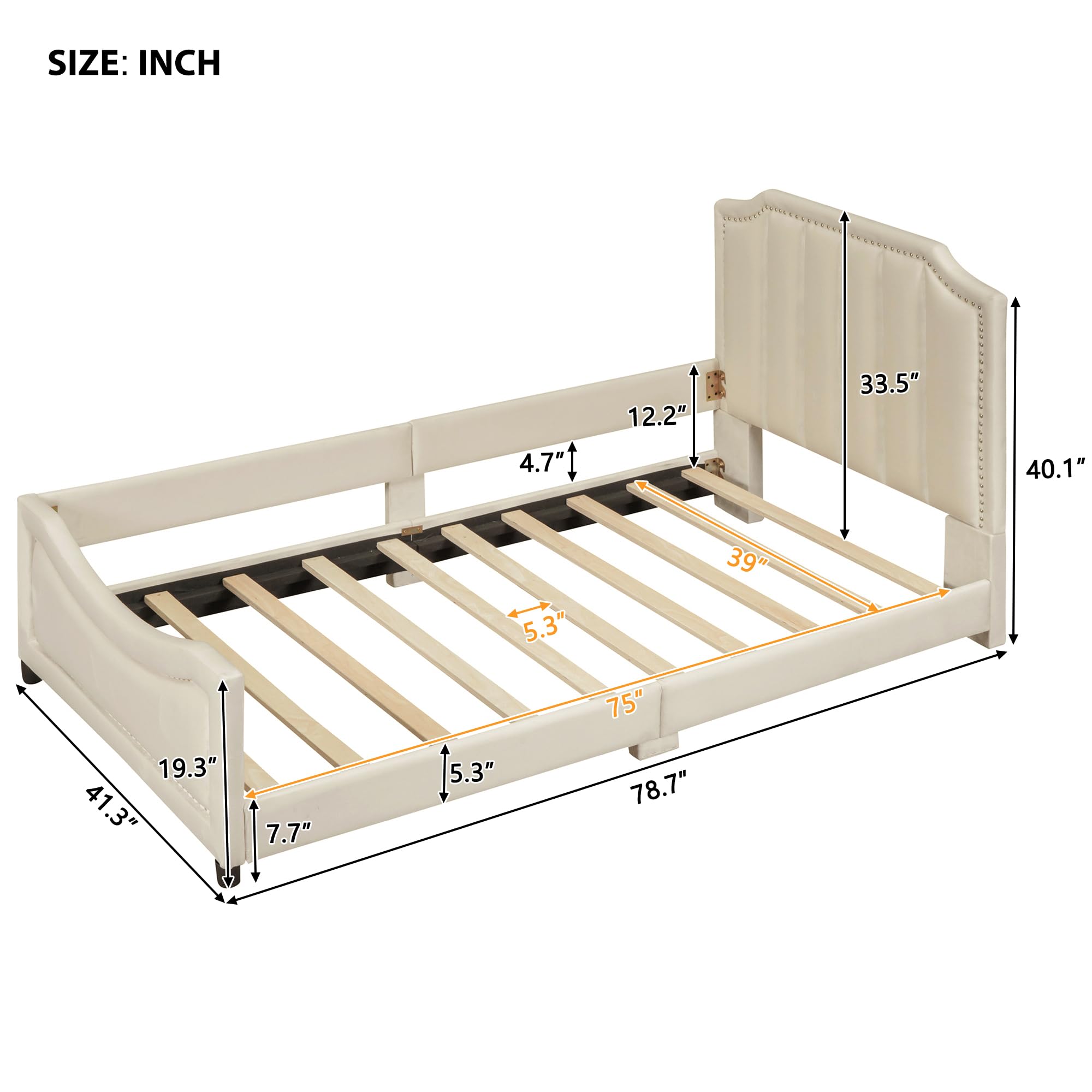 GJHOME Twin Size Upholstered Daybed, Cute Velvet Leather Sofa Bed with Classic Stripe Shaped Headboard, Wooden Platform Bed Frame for Kids Teens Adults, No Box Spring Needed,Beige