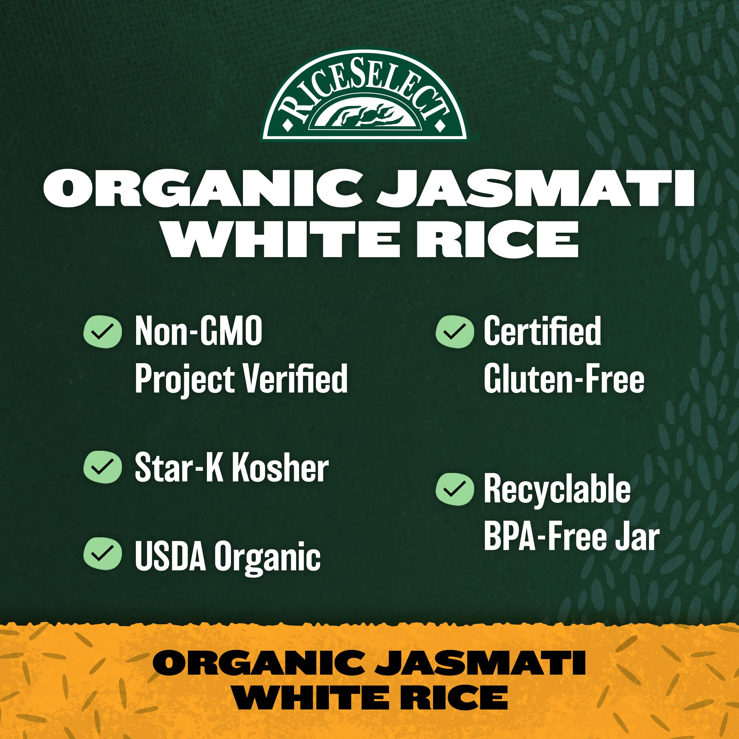 RiceSelect Organic Jasmati White Rice for Asian-Food-Inspired Recipes, Premium Non-GMO Gluten-Free Long-Grain Jasmine Rice, 32-Ounce Jar