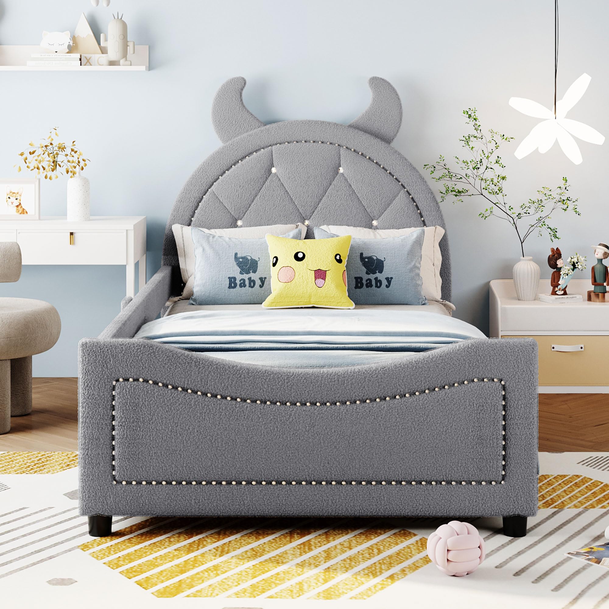 FANYHOME Twin Size Upholstered Daybed with OX Horn Shaped Headboard, Modern Low Profile Bed with Sturdy Wooden Slats Support, Wooden Daybed Frame for Living Room, Bedroom,Guest Room,Gray