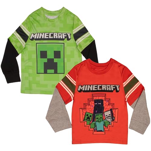 Minecraft Characters Boys Long Sleeve Active Mesh T-Shirt, 2-Pack Bundle Set for Kids and Toddlers (Size 8, Green/Orange)