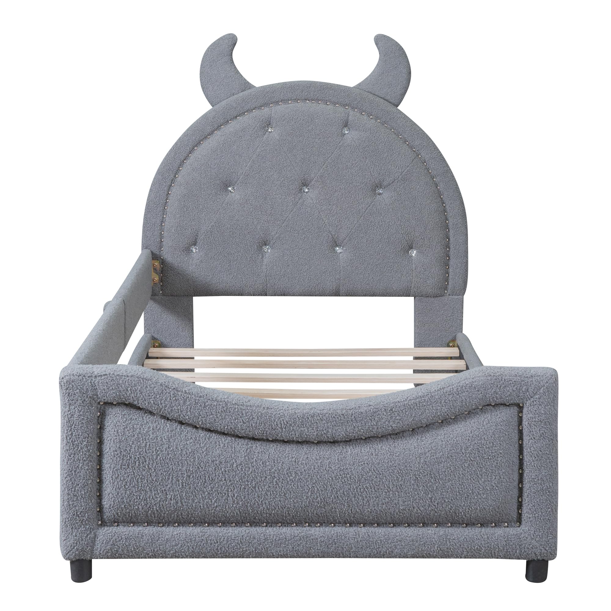FANYHOME Twin Size Upholstered Daybed with OX Horn Shaped Headboard, Modern Low Profile Bed with Sturdy Wooden Slats Support, Wooden Daybed Frame for Living Room, Bedroom,Guest Room,Gray