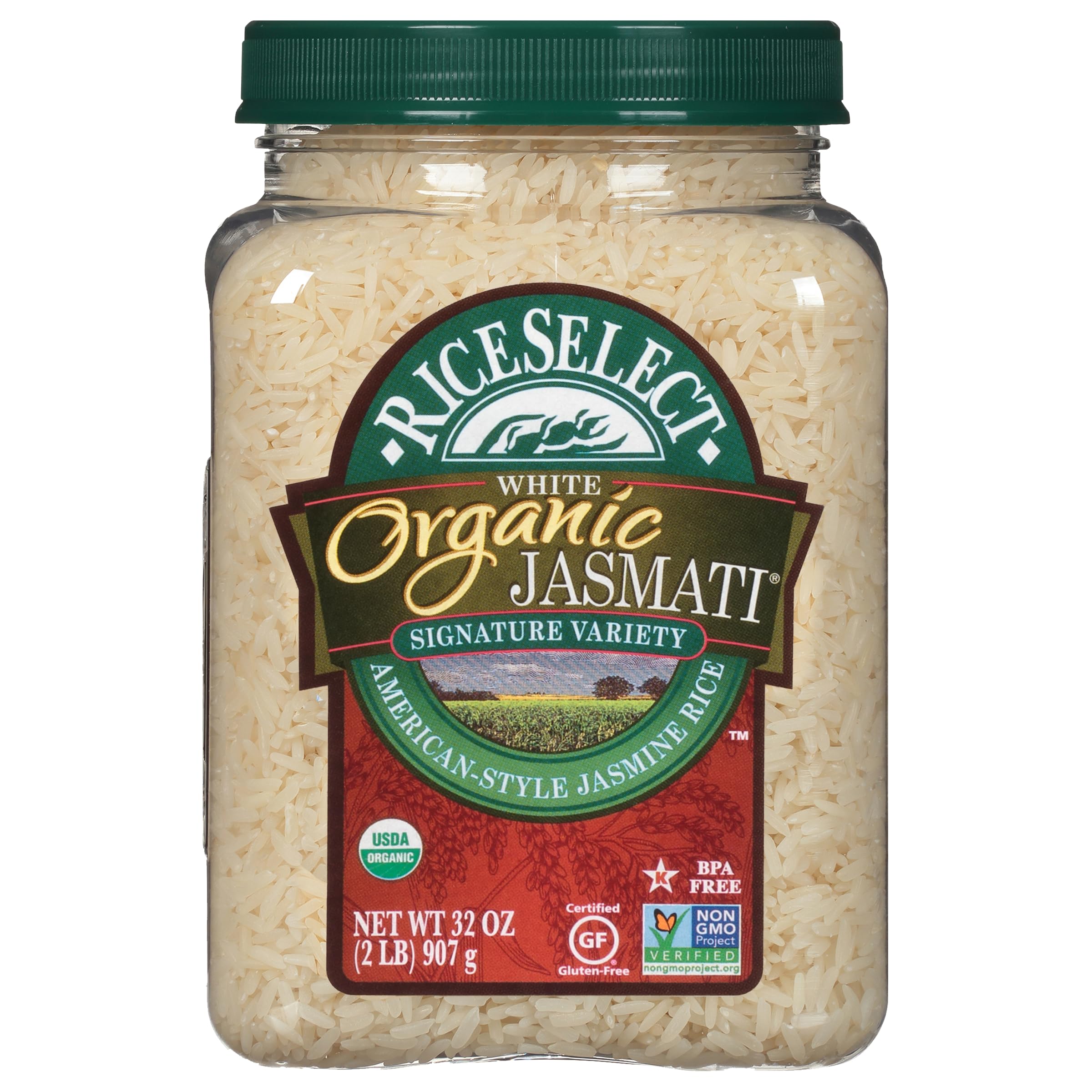 RiceSelect Organic Jasmati White Rice for Asian-Food-Inspired Recipes, Premium Non-GMO Gluten-Free Long-Grain Jasmine Rice, 32-Ounce Jar