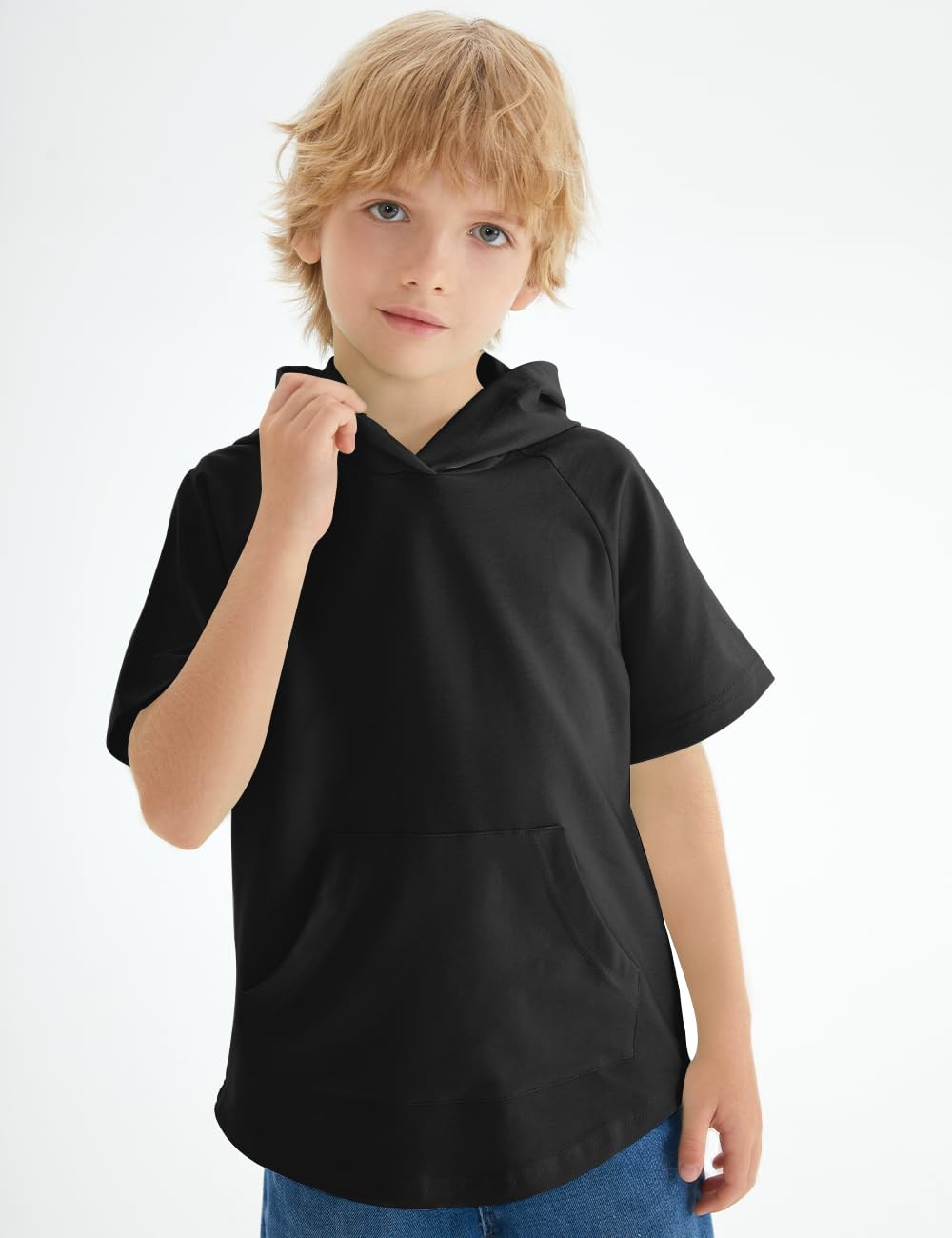 Spring&Gege Boys Light Weight Short Sleeve Hoodie Casual Solid Pullover Hooded T-shirt with Pocket, Black, 9-10 Years