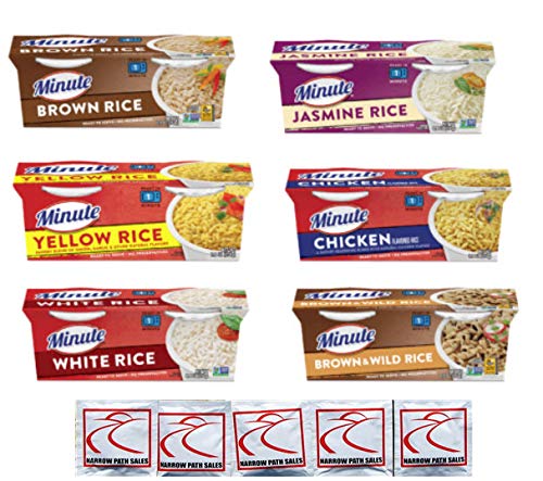 Minute Rice Ready to Serve Cups Variety Pack of 6 Different Flavors: White Rice, Yellow Rice, Brown Rice, Chicken Rice, Jasmine Rice, Brown and Wild Rice. Bundle of 6 Ready Rice Food Gift