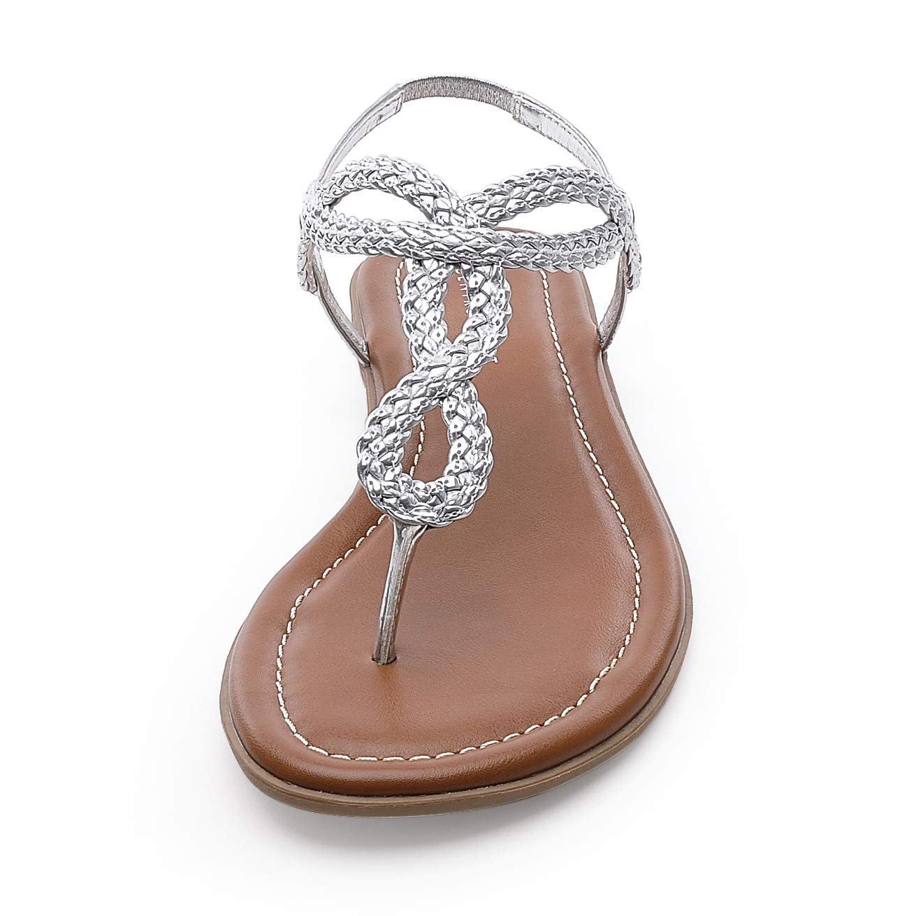 CentroPoint Women's Braided T-strap Thong Slip On Flat Sandals With Elastic Brand Roman Gladiator Fashion Flip Flop Shoes(Silver PU, Numeric_8)