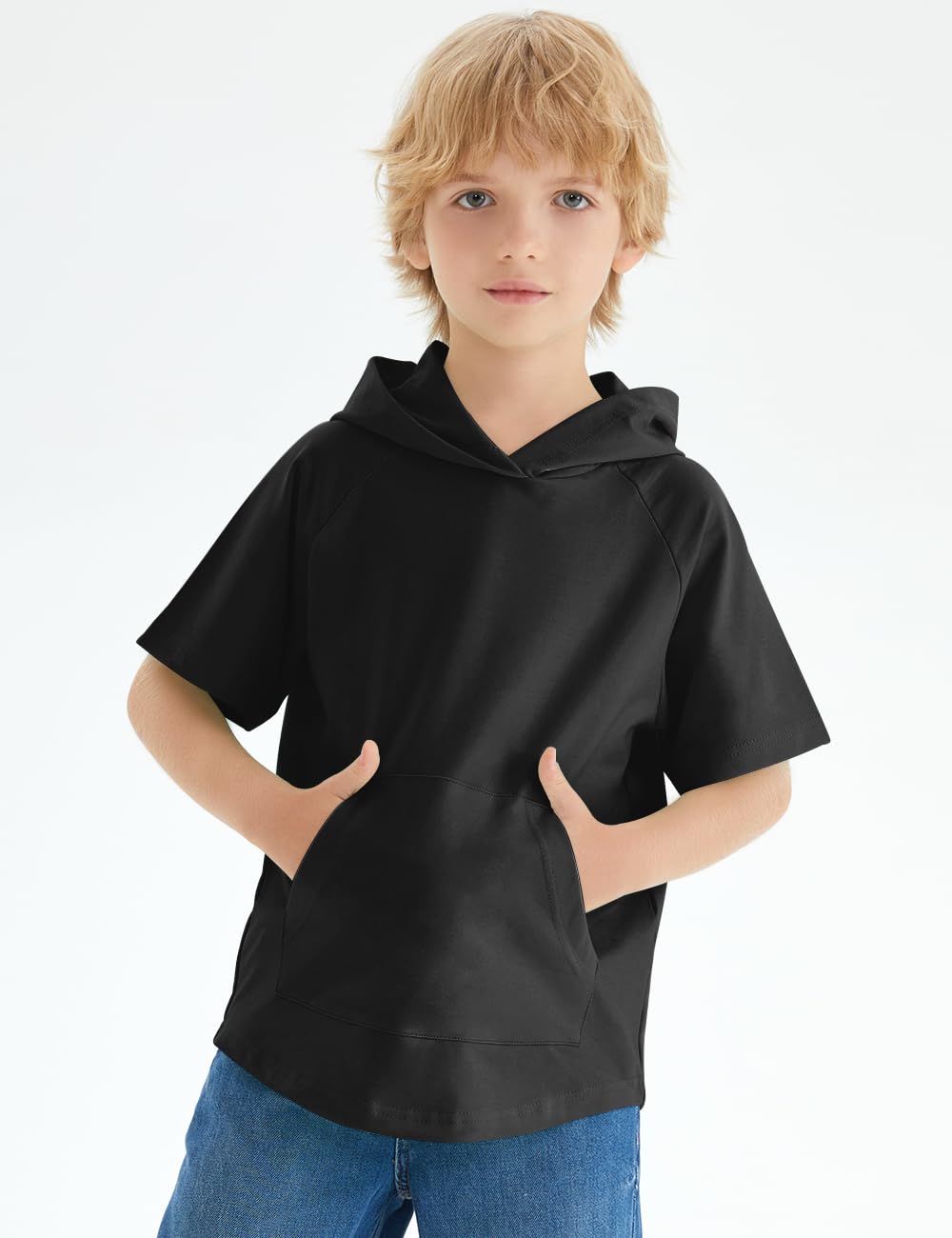 Spring&Gege Boys Light Weight Short Sleeve Hoodie Casual Solid Pullover Hooded T-shirt with Pocket, Black, 9-10 Years