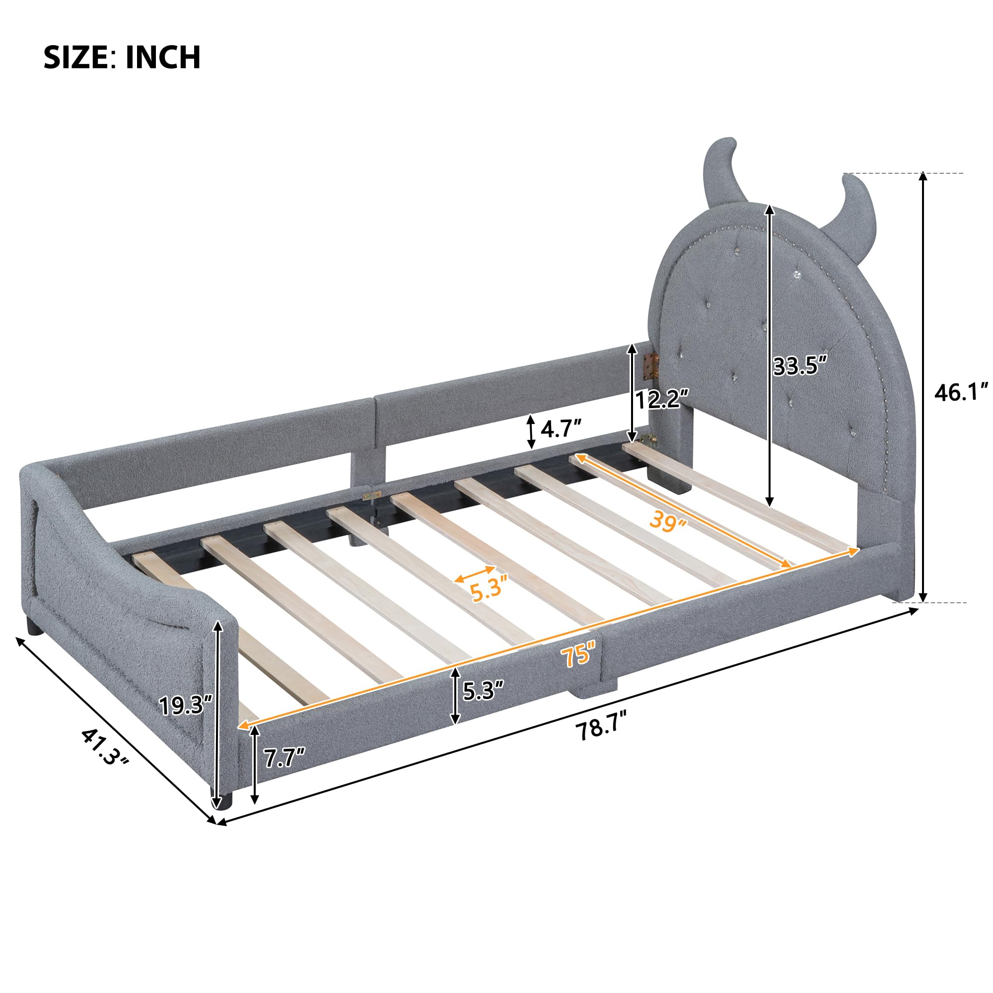 FANYHOME Twin Size Upholstered Daybed with OX Horn Shaped Headboard, Modern Low Profile Bed with Sturdy Wooden Slats Support, Wooden Daybed Frame for Living Room, Bedroom,Guest Room,Gray