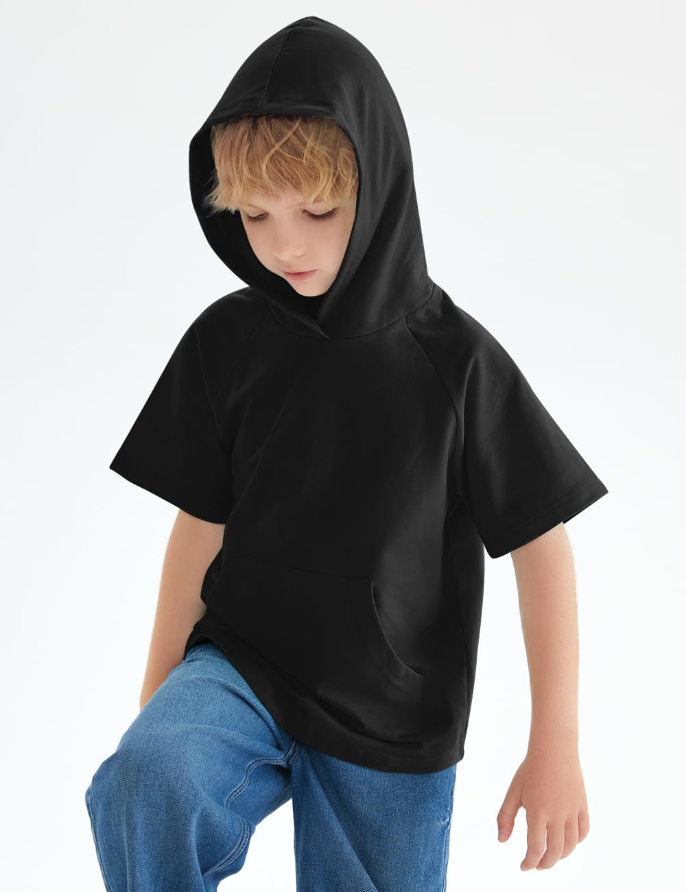 Spring&Gege Boys Light Weight Short Sleeve Hoodie Casual Solid Pullover Hooded T-shirt with Pocket, Black, 9-10 Years