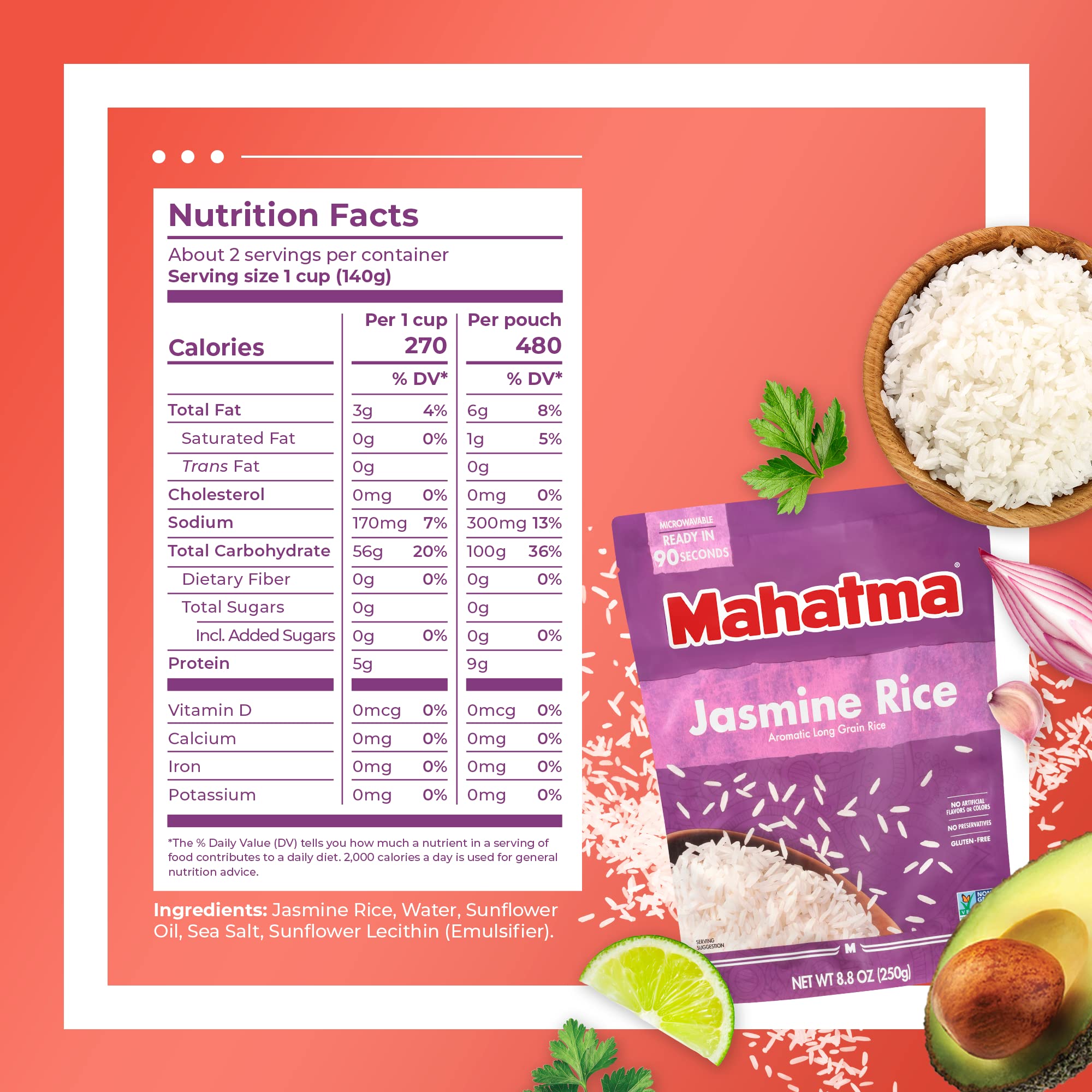 Mahatma Ready to Heat Jasmine Rice, Precooked Rice, Microwaveable in 90 Seconds, Six 8.8-Ounce Bags