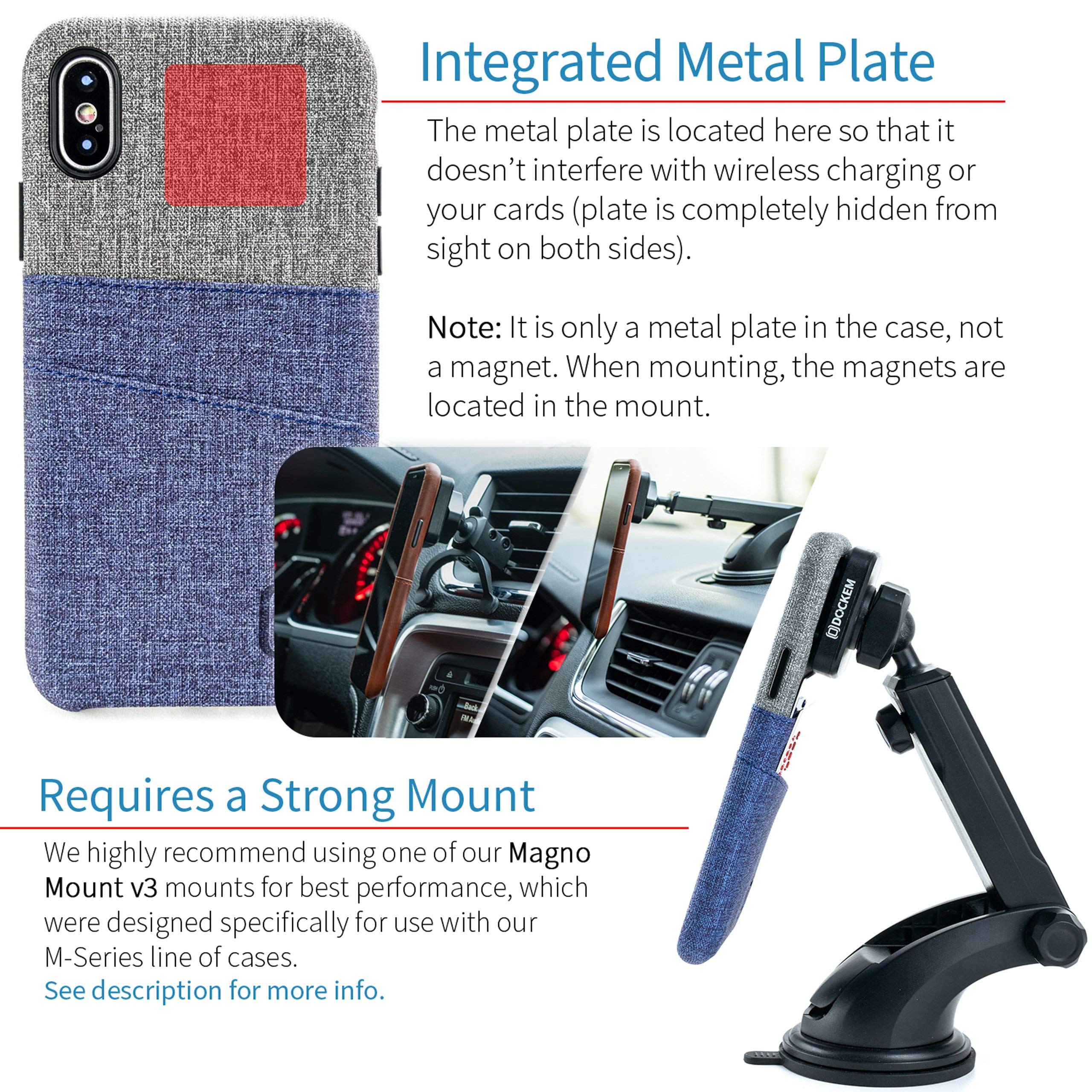 Dockem Wallet Case for iPhone X/XS (5.8"): Built-in Metal Plate for Magnetic Mounting & 2 Credit Card Holder Slots (Luxe M2 Synthetic Leather, Blue & Grey)