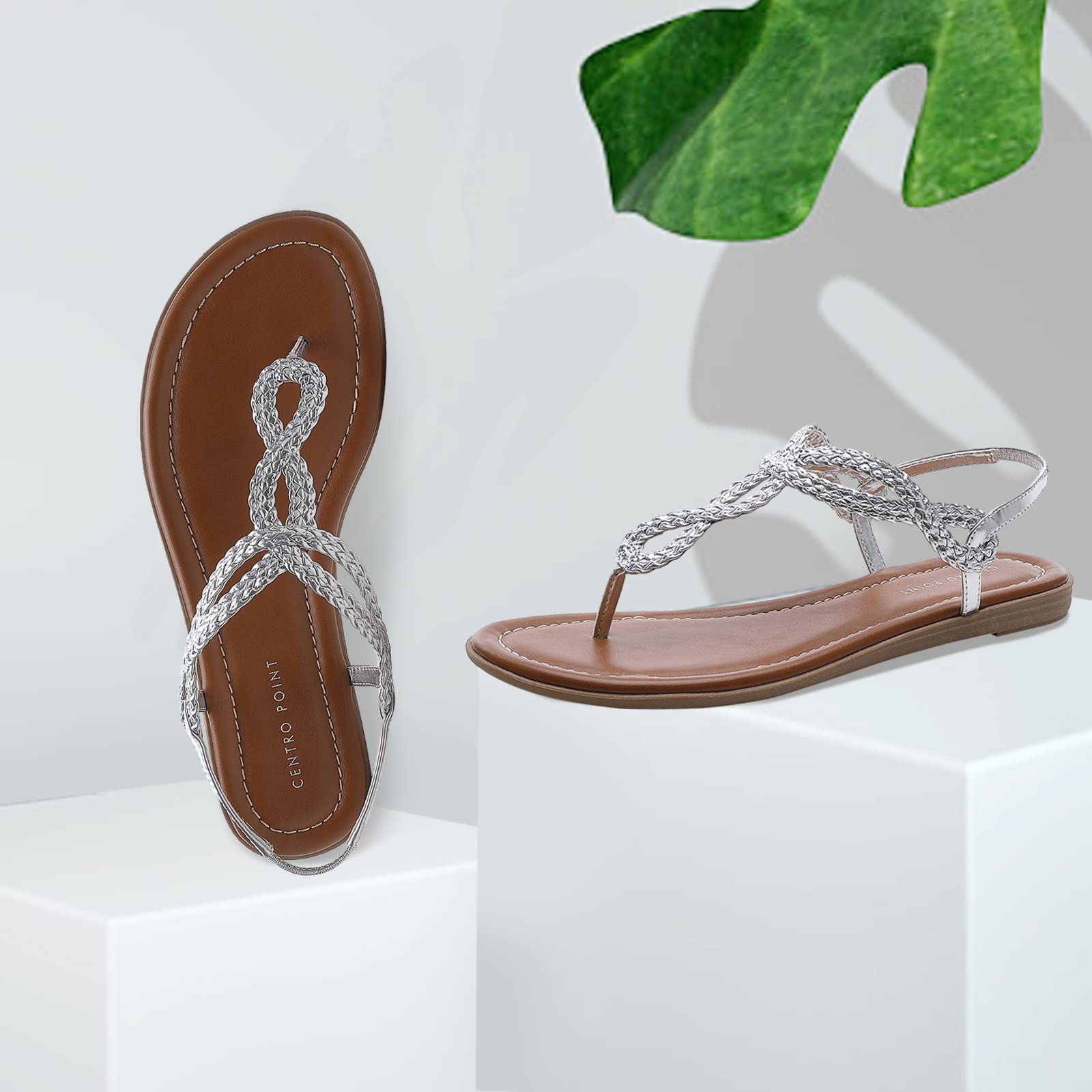 CentroPoint Women's Braided T-strap Thong Slip On Flat Sandals With Elastic Brand Roman Gladiator Fashion Flip Flop Shoes(Silver PU, Numeric_8)