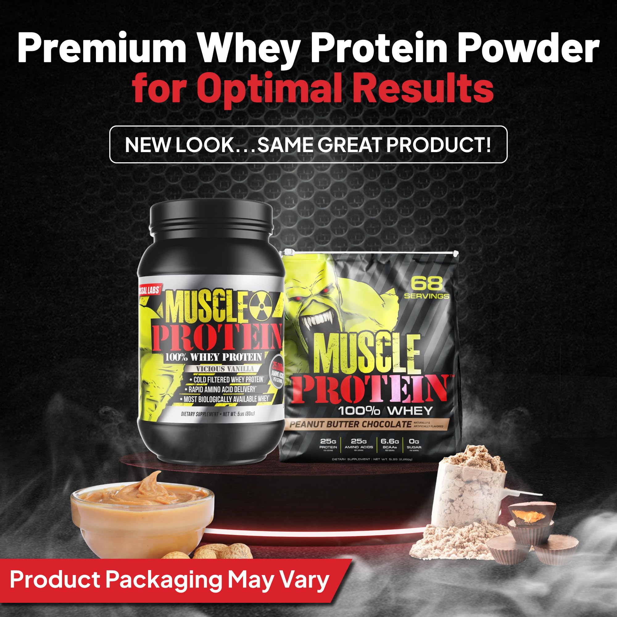 COLOSSAL LABS Muscle Protein Whey Powder [5 lbs/Pack of 1]– Cold Filtered, 25g Pure Protein, 6.6g BCAAs (Packaging May Vary) (5 Pound (Pack of 1), Peanut Butter Chocolate)