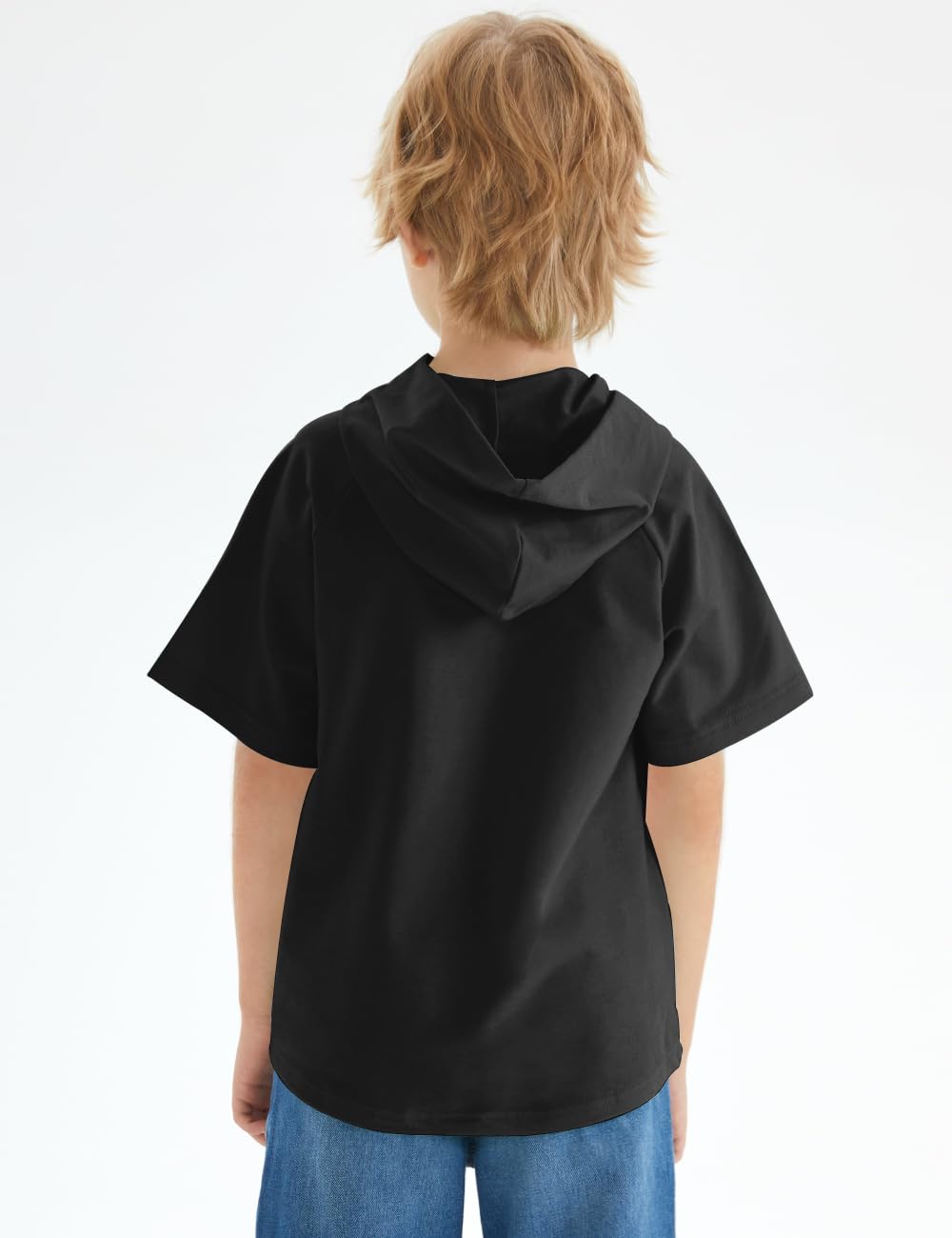 Spring&Gege Boys Light Weight Short Sleeve Hoodie Casual Solid Pullover Hooded T-shirt with Pocket, Black, 9-10 Years